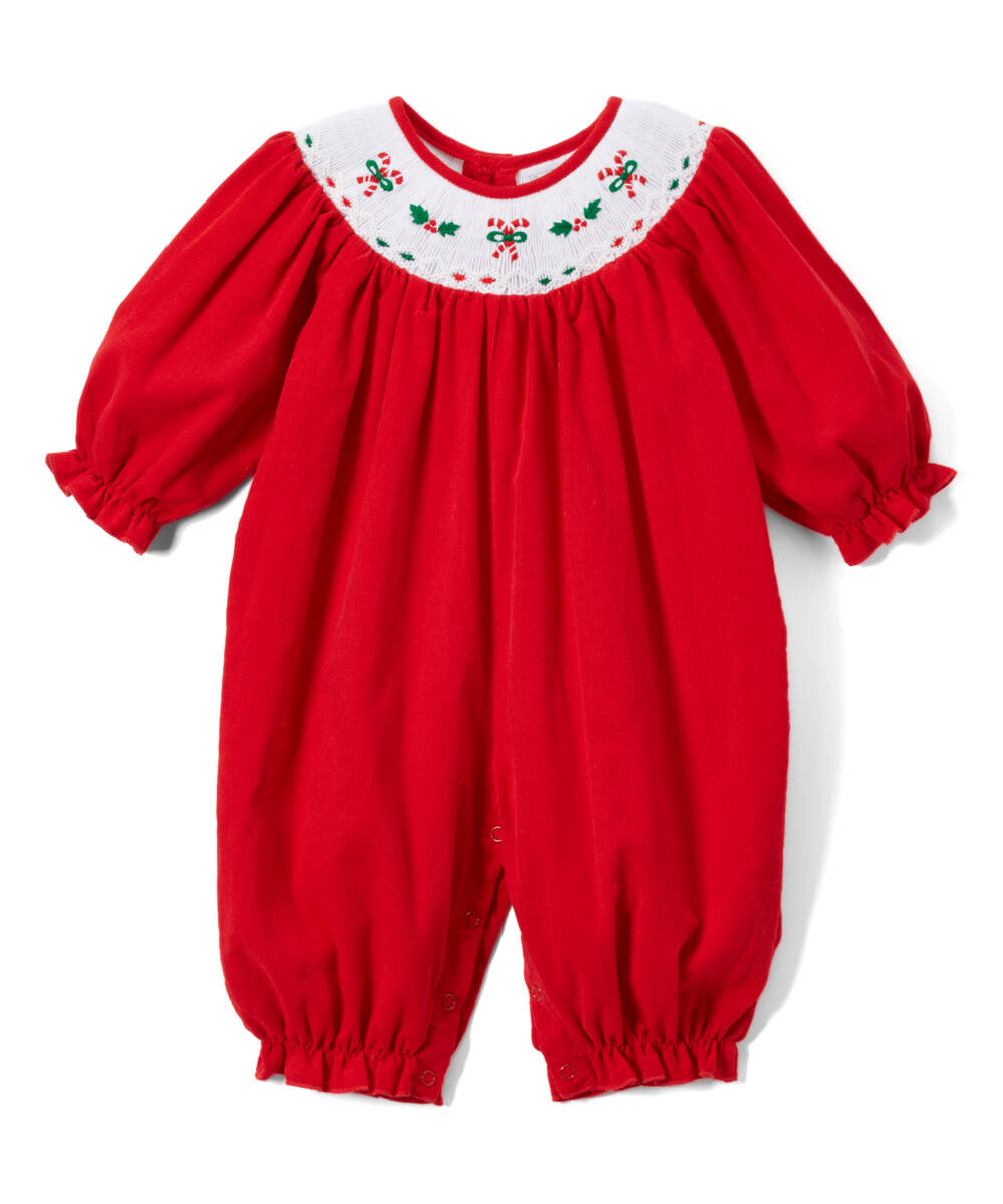 Red & White Smocked Girl holiday romper -Order Online today/Fantaisie Kids